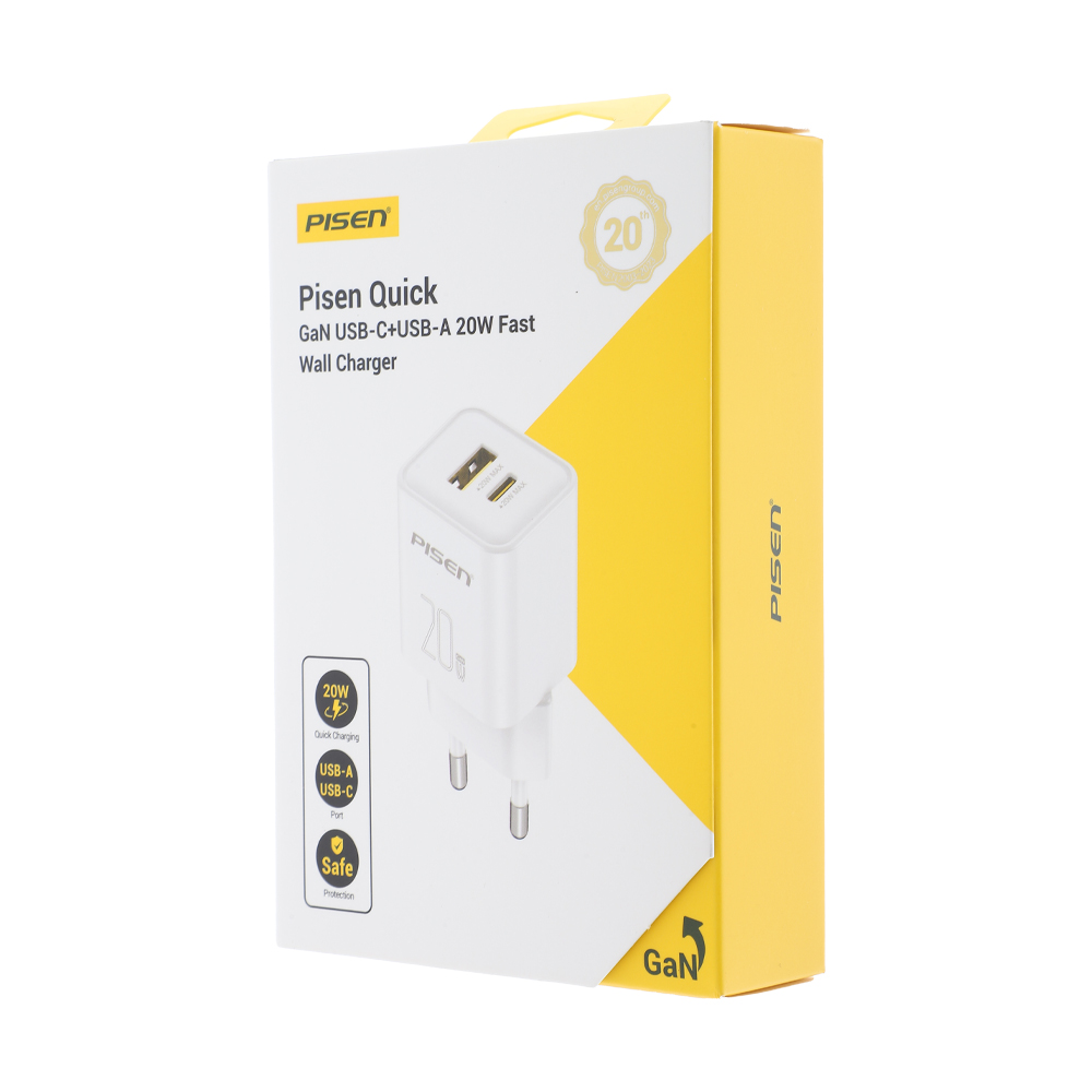 Adapter 2 Ports (1 USB + 1 Type-C) Charger PISEN (20W,TP-C50)White